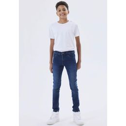 Stretch-Jeans name it "NKMSILAS für Jungen mit verstellbarem Bund und schlanker Form", Jungen, Gr. 104, N-Gr, blau (dunkelblau denim), Denim/Jeans, Obermaterial: 71% Baumwolle, 27% Polyester, 2% Elasthan, Abriebeffekte, slim fit normal, Jeans, slim fit, Denim, Abriebeffekte, angesetztes Bündchen