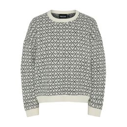 Rundhalspullover Pieces "PCNAVI LS O-NECK KNIT MM", Damen, Gr. XS (34), weiß (cloud dancer aop:schwarz hearts), Strick, Obermaterial: 91% Polyester, 5% Wolle, 4% Elasthan, gemustert, Rundhals, Pullover