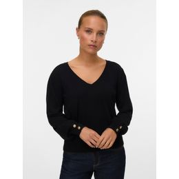 Véro Moda V-Ausschnitt-Pullover VERO MODA "VMHOLLYKARIS LS V-NECK PULLOVER GA BOO", Damen, Gr. XS, schwarz (schwarz detail:with gold buttons), Strick, Obermaterial: 50% Viskose, 28% Polyester, 22% Nylon, unifarben, regular fit, V-Ausschnitt, Rippbündchen, Pullover