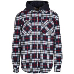 Allwetterjacke Urban Classics "Urban Classics Herren Hooded Polar Fleece Overshirt", Herren, Gr. L, blau (midnightnavy, rot), 100% Polyester, kariert, normal, ohne Ausschnitt, Jacken