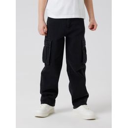 Straight-Jeans name it "NKMRYAN ST CARGO JEANS 5910-ZD NOOS", Jungen, Gr. 116, N-Gr, blau (schwarz denim), Denim/Jeans, Obermaterial: 100% Baumwolle, Abriebeffekte, straight fit lang, Jeans