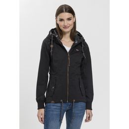 Outdoorjacke Ragwear "DANKA", Damen, Gr. L, 1012 schwarz flower print uni, Web, Obermaterial: 100% Polyester. Futter: 100% Polyester, gemustert, kontrastfarbene Details, unifarben, Casual, figurbetont hüftbedeckend, Rippbündchen, Jacken, Urban Streetwear- Übergangs-Style mit Kapuze
