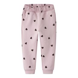 Sweatpants name it "NMFNEHEART SWEAT PANT BRU", Mädchen, Gr. 104, N-Gr, burnished lila, Sweatware, Obermaterial: 95% Baumwolle, 5% Elasthan, bedruckt, Casual, regular fit normal, Hosen