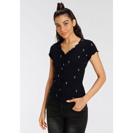 Kurzarmshirt Kangaroos, Damen, Gr. 32/34 (XS), schwarz (schwarz, bunt), Rippware, Obermaterial: 100% Baumwolle, bedruckt, geblümt, gemustert, Casual, figurbetont hüftlang, V-Ausschnitt, Shirts, kurzärmelig, figurbetont, aus Baumwolle