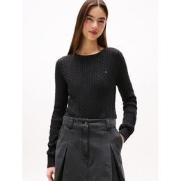 Strickpullover Tommy Jeans "TJW CABLE ESSENTIAL SWEATER", Damen, Gr. S (36), schwarz, Strick, Obermaterial: 100% Baumwolle, unifarben, normal, Rundhals, Pullover, mit Zopfmuster