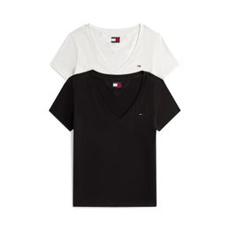 T-Shirt Tommy Jeans "TJW 2PACK V-NECK TEE", Damen, Gr. S (36), beige (ecru, schwarz), Jersey, Obermaterial: 100% Baumwolle, unifarben, regular fit hüftlang, V-Ausschnitt, abgesteppt, Shirts, mit Logostickerei