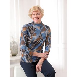 Stehkragenshirt CLASSIC "Winter-Shirt", Damen, Gr. 40, braun (cognac, bleu, bedruckt), 95% Polyester, 5% Elasthan, gemustert, mehrfarbig, Shirts