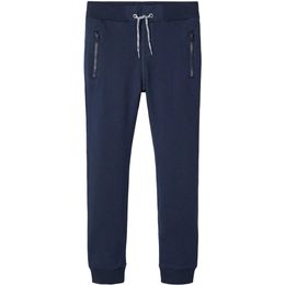 Trainingshose name it "NKMHONK BRU SWE PANT NOOS", Jungen, Gr. 158, N-Gr, blau (schwarz sapphir), Web, Obermaterial: 95% Baumwolle, 5% Elasthan, unifarben, regular fit knöchellang, Hosen, mit Reißverschlusstaschen