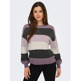 Strickpullover Only "ONLATIA L/S STRIPE PULLOVER KNT NOOS", Damen, Gr. S, dunkelgrau melange stripes:with ephemera mel, violet ice mel, weißcap gray, Strick, Obermaterial: 50% Viskose, 27% Nylon, 23% Polyester, gestreift, modisch, regular fit normal, Rundhals, Rippstrickbündchen, Pullover, mit dem auffälligen Streifenmuster