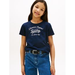 T-Shirt Tommy Hilfiger "TOMMY SCRIPT TEE SS", Mädchen, Gr. 3 (98), schwarz night navy, Single Jersey, Obermaterial: 60% Baumwolle, 40% Polyester, unifarben, regular fit hüftlang, Rundhals, Shirts, für Kinder bis 16 Jahre, glänzender Druck