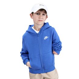 Kapuzensweatjacke Nike Sportswear "K NSW CLUB FLC HD FZ LS LBR", Kinder, Gr. XS (116/122), comet blau, weiß, Sweatware, Obermaterial: 80% Baumwolle, 20% Polyester, Rippbündchen, Sweatjacken