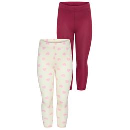 Leggings Kidsworld "2er Pack Uni + Herz-Drucken Leggings", Mädchen, Gr. 104/110, N-Gr, rot (bordeaux, gemustert herzen), Single Jersey, Obermaterial: 95% Baumwolle, 5% Elasthan, bedruckt, figurbetont lang, Hosen, 2er Pack Leggings mit Herzen