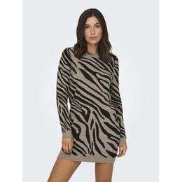 Strickkleid Only "ONLJENNI LS ANIMAL DRESS EX KNT", Damen, Gr. S, N-Gr, braun (fossil pattern:schwarz zebra), Strick, Obermaterial: 50% Viskose, 27% Nylon, 23% Polyester, animal-print, gemustert, regular fit ca. Mitte Oberschenkel, Rundhals, Kleider