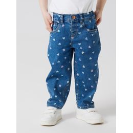 Mom-Jeans name it "NMFBELLA MOM SHAPED JEANS 3555-ON NOOS", Mädchen, Gr. 92, N-Gr, blau (denim blau aop:hearts), Denim/Jeans, Obermaterial: 74% Baumwolle, 24% Polyester, 1% Elasthan, 1% Viskose, bedruckt, weit knöchellang, Jeans