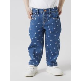 Mom-Jeans name it "NMFBELLA MOM SHAPED JEANS 3555-ON NOOS", Mädchen, Gr. 116, N-Gr, blau (denim blau aop:hearts), Denim/Jeans, Obermaterial: 74% Baumwolle, 24% Polyester, 1% Elasthan, 1% Viskose, bedruckt, Casual, weit knöchellang, Jeans