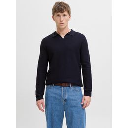 Jack & Jones Polokragenpullover JACK & JONES "JPRBLAEASTON KNIT SPLIT NECK LS SN", Herren, Gr. L, night sky, Strick, Obermaterial: 100% Baumwolle, unifarben, regular fit hüftlang, V-Ausschnitt, Pullover
