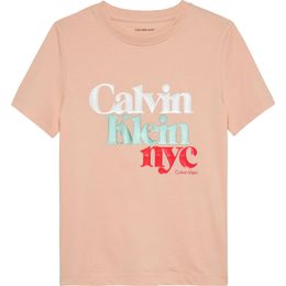 T-Shirt Calvin Klein Jeans "PEARL SIGNATURE NYC REGULAR TEE", Mädchen, Gr. 10 (140), spanish villa, Single Jersey, Obermaterial: 100% Baumwolle, unifarben, regular fit hüftlang, Rundhals, Shirts, für Kinder bis 16 Jahre, mit großem Druck