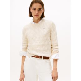 Strickpullover Tommy Hilfiger "SOFT WOOL CABLE C-NK", Damen, Gr. L (40), heather oatmilk, Strick, Obermaterial: 100% Wolle, unifarben, normal, Rundhals, Bündchen, Pullover, mit Zopfmuster, aus reiner Wolle