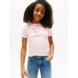 T-Shirt Tommy Hilfiger "TOMMY SCRIPT TEE SS", Mädchen, Gr. 3 (98), rosa (light pink), Single Jersey, Obermaterial: 60% Baumwolle, 40% Polyester, unifarben, regular fit hüftlang, Rundhals, Shirts, für Kinder bis 16 Jahre, glänzender Druck