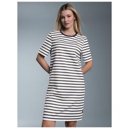Jerseykleid TRIGEMA "TRIGEMA Sweatkleid mit Ringelmuster", Damen, Gr. L, US-Größen, beige (natur), 70% Baumwolle, 30% Polyester, Kleider