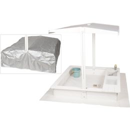 WONDERMAKE® Design Sandkasten mit Matschküche, Dach, Abdeckung OXFORD 420D, Vliesfolie, Sandkiste Holz quadratisch verschließbar Outdoor Garten für Kinder, weiß silber