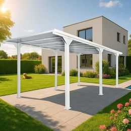 Alu-Pergola MCW-O23, Pavillon Terrassenüberdachung, stabiles 10cm-Gestell Polycarbonat-Dach Regenrinne 3x6m ~ weiß