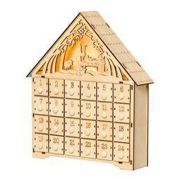 Adventskalender zum Befüllen 24 Schubladen Fächer Weihnachtskalender mit LED-Lichtern Adventskalenderbox Weihnachtsdekoration DIY MDF-Platte Naturholz 26,6 x 6 x 30 cm