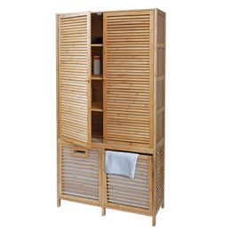 Bambus Badezimmerschrank MCW-N83, Regal Badregal Badschrank Schrank, 2 Wäschekörbe 2 Türen MVG 168x82x34cm