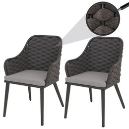 2er-Set Aluminium-Gartenstuhl MCW-O16, Outdoor Stuhl Armlehne, Olefin Seilgeflecht Rope ~ anthrazit Kissen hellgrau