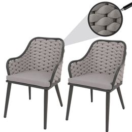 2er-Set Aluminium-Gartenstuhl MCW-O16, Outdoor Stuhl Armlehne, Olefin Seilgeflecht Rope ~ hellgrau Kissen hellgrau