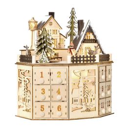 Weihnachts-Adventskalender Mit 24 Zugkästen Weihnachtskalender Mit Led-Lichtern Adventskalenderbox Sperrholz-Platte Naturholz 25 X 20 X 29 Cm