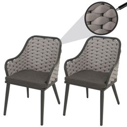 2er-Set Aluminium-Gartenstuhl MCW-O16, Outdoor Stuhl Armlehne, Olefin Seilgeflecht Rope ~ hellgrau Kissen dunkelgrau