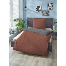 Wendebettwäsche Biberna "Alma in Gr. 135x200, 155x220 oder 200x200 cm", braun (kardinal), B/L: 135cm x 200cm, 1 Stk., 1 Stk., Linon, B/L: 80cm x 80cm, 2 Stk., Linon, Obermaterial: 100% Baumwolle, Bettwäsche, Bettwäsche aus Baumwolle, Reißverschluss, Bettwäsche mit Wendeoptik