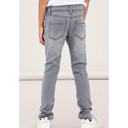 Stretch-Jeans name it "NKMSILAS für Jungen mit verstellbarem Bund und schlanker Form", Jungen, Gr. 104, N-Gr, blau (medium grau denim), Denim/Jeans, Obermaterial: 71% Baumwolle, 27% Polyester, 2% Elasthan, Abriebeffekte, slim fit normal, Jeans, slim fit, Denim, Abriebeffekte, angesetztes Bündchen