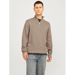 Jack & Jones Troyer JACK & JONES "JPRBLAMILANO STITCH KNIT HALF ZIP SN", Herren, Gr. L, greige detail:melange, Strick, Obermaterial: 100% Baumwolle, meliert, relaxed fit hüftbedeckend, Rundhals, Rippbündchen, Pullover, mit kurzem Reißverschluss