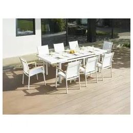 Garten-Essgruppe: Tisch ausziehbar 180/240 cm + 8 stapelbare Sessel mit Armlehnen aus Akazienholz - Aluminium - Weiß - NAURU von MYLIA