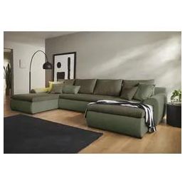 Wohnlandschaft Home Affaire "Win U-Form", grün (olive grün), B:366cm H:85cm T:176cm, 100% Polyester, Sofas, wahlweise mit Bettfunktion und Bettkasten