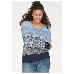Jacquardpullover Kangaroos, Damen, Gr. 44-46 (L), blau (marine, hellblau), Feinstrick, Obermaterial: 50% Baumwolle, 50% Polyacryl, Jacquardmuster, Norwegermuster, figurbetont hüftlang, V-Ausschnitt, Rippbündchen mit Daumenlöchern, Pullover Norwegerpullover Weihnachtspullover Rundhalspullover Strickpullover Pullover V-Pullover, im Norweger-Muster mit kleinen Kängurus, Topseller
