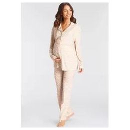 Umstandspyjama Lascana, Damen, Gr. 32/34, beige (beige, gemustert), Single Jersey, Obermaterial: 95% Viskose, 5% Elasthan, gemustert, sehr bequem lang, V-Ausschnitt, eingesetzt Manschette, Homewear-Sets, mit Knopfleiste und Raffung an der Seitennaht