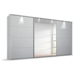 Schwebetürenschrank Rauch "Kleiderschrank Schrank Garderobe OTELI inkl. 3 Innenschubladen", grau (seidengrau), B:368 H:214 T:68, Holzwerkstoff, Schränke, mit Mittelspiegel und Passepartout optional mit Beleuchtung