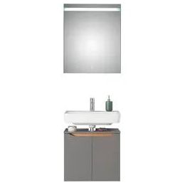 Badmöbel-Set SAPHIR "Quickset 2-teilig, Waschbeckenunterschrank mit LED-Spiegel", grau (quarzgrau matt touch, quarzgrau matt, akzent riviera eiche quer nb), Kastenmöbel-Sets, Waschplatz 60 cm breit, inkl. Türdämpfer, 2 Türen, Bad-Set