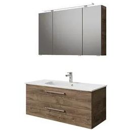 Badmöbel-Set SAPHIR "Serie 6025 2-teilig Mineralmarmor-Waschtisch mit LED-Spiegelschrank", braun (eiche ribbeck quer nb), B:117cm H:200cm T:48cm, Spanplatte, Kastenmöbel-Sets, Waschplatz 117cm breit, 2 Schubladen, 3 Spiegel-Türen, inkl Türdämpfer