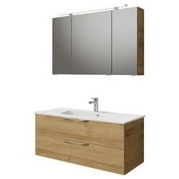 Badmöbel-Set SAPHIR "Serie 6025 2-teilig Mineralmarmor-Waschtisch mit LED-Spiegelschrank", braun (riviera eiche quer nb), B:117cm H:200cm T:48cm, Spanplatte, Kastenmöbel-Sets, Waschplatz 117cm breit, 2 Schubladen, 3 Spiegel-Türen, inkl Türdämpfer