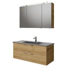 Badmöbel-Set SAPHIR "Serie 6025 2-teilig Mineralmarmor-Waschtisch mit LED-Spiegelschrank", braun (riviera eiche quer nb), B:117cm H:200cm T:48cm, Spanplatte, Kastenmöbel-Sets, Waschplatz 117cm breit, 2 Schubladen, 3 Spiegel-Türen, inkl Türdämpfer