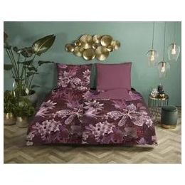 Wendebettwäsche Descanso "Farze", bunt (bordeaux, rot), B/L: 155cm x 220cm, 1 Stk., 1 Stk., Satin (Bio-Baumwolle), B/L: 80cm x 80cm, 2 Stk., Satin (Bio-Baumwolle), Obermaterial: 100% Baumwolle, Bettwäsche, Baumwolle, Mako Satin, 135x200, Biese, Reißverschluss, Wende, Blumen