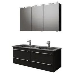Badmöbel-Set SAPHIR "Serie 6025 2-teilig Mineralmarmor-Waschtisch mit LED-Spiegelschrank", schwarz (schwarz matt select), B:132cm H:200cm T:48cm, Spanplatte, Kastenmöbel-Sets, Waschplatz 132cm breit, 4 Schubladen, 2 Spiegel-Türen, inkl Türdämpfer