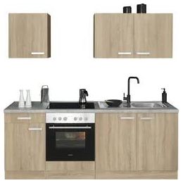Küchenzeile Optifit "Leer Breite 210 cm", beige (küche: natur, front: eiche hell, korpus: eiche hell, arbeitsplatte: marmor grau), B:210cm T:60cm, Komplettküchen-Sets, Küchenzeile, mit Hanseatic-Geräten, wahlweise mit Geschirrspüler