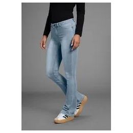 Bootcut-Jeans Arizona "Ultra Stretch", Damen, Gr. 80, K + L Gr, blau (bleached), Denim/Jeans, Obermaterial: 63% Baumwolle, 32% Polyester, 5% Elasthan, Modisch, eng lang, Jeans, ausgestellte Beinform, Used-Waschung, hohe Leibhöhe