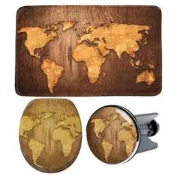 Badaccessoire-Set Sanilo "World Map", braun, Holz, Badaccessoires-Sets, bestehend aus WC-Sitz, Badteppich und Waschbeckenstöpsel