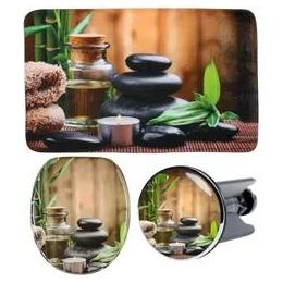 Badaccessoire-Set Sanilo "Spa", braun (schwarz, braun), Kunststoff, MDF, Polyester, Badaccessoires-Sets, bestehend aus WC-Sitz, Badteppich und Waschbeckenstöpsel